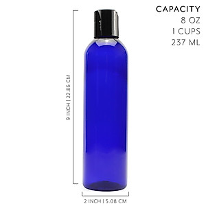 Cornucopia Brands 8oz Plastic Squeeze Bottles w/Disc Top Flip Cap (6-Pack, Blue); BPA-Free Containers For Shampoo, Lotions, Liquid Body Soap, Creams