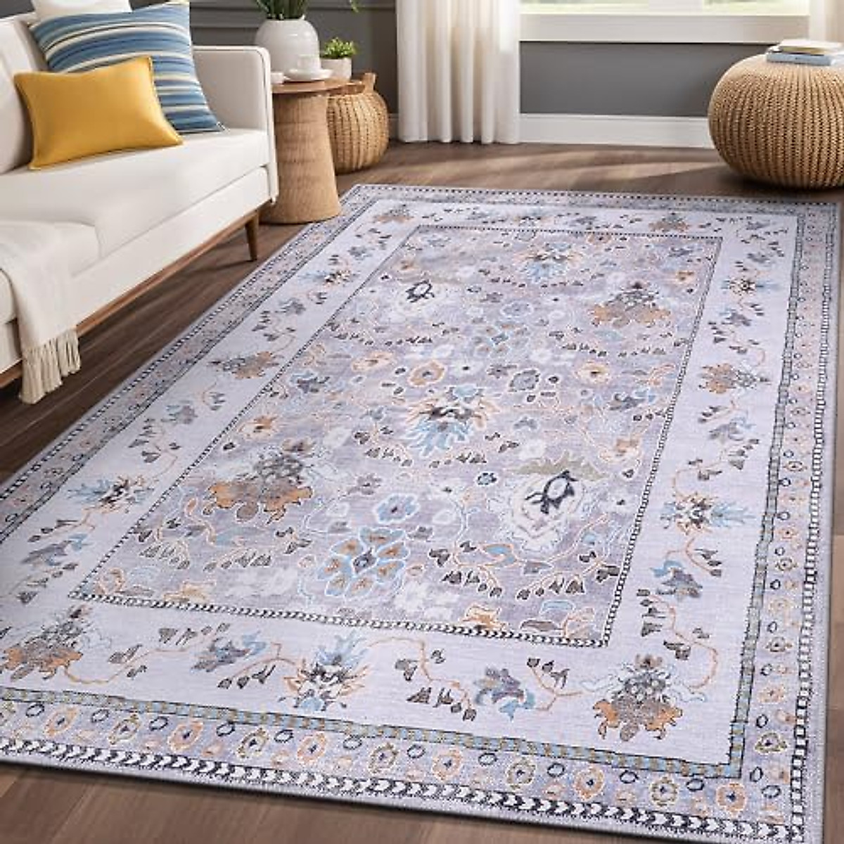 Lena Rug Floral Machine Washable Area Rug 5x7 for Living Room Bedroom Kitchen Dining Room Gray