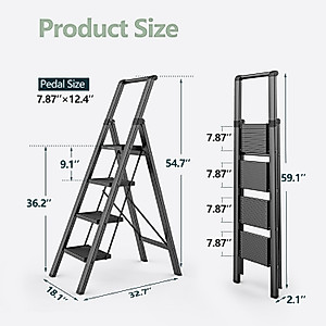 WOA WOA 4-Step Ladder with Widen Pedals, Lightweight Folding Aluminum Ladder with Anti-Slip Feet for Home, Kitchen High Cabinet - 330 lbs Load - Black