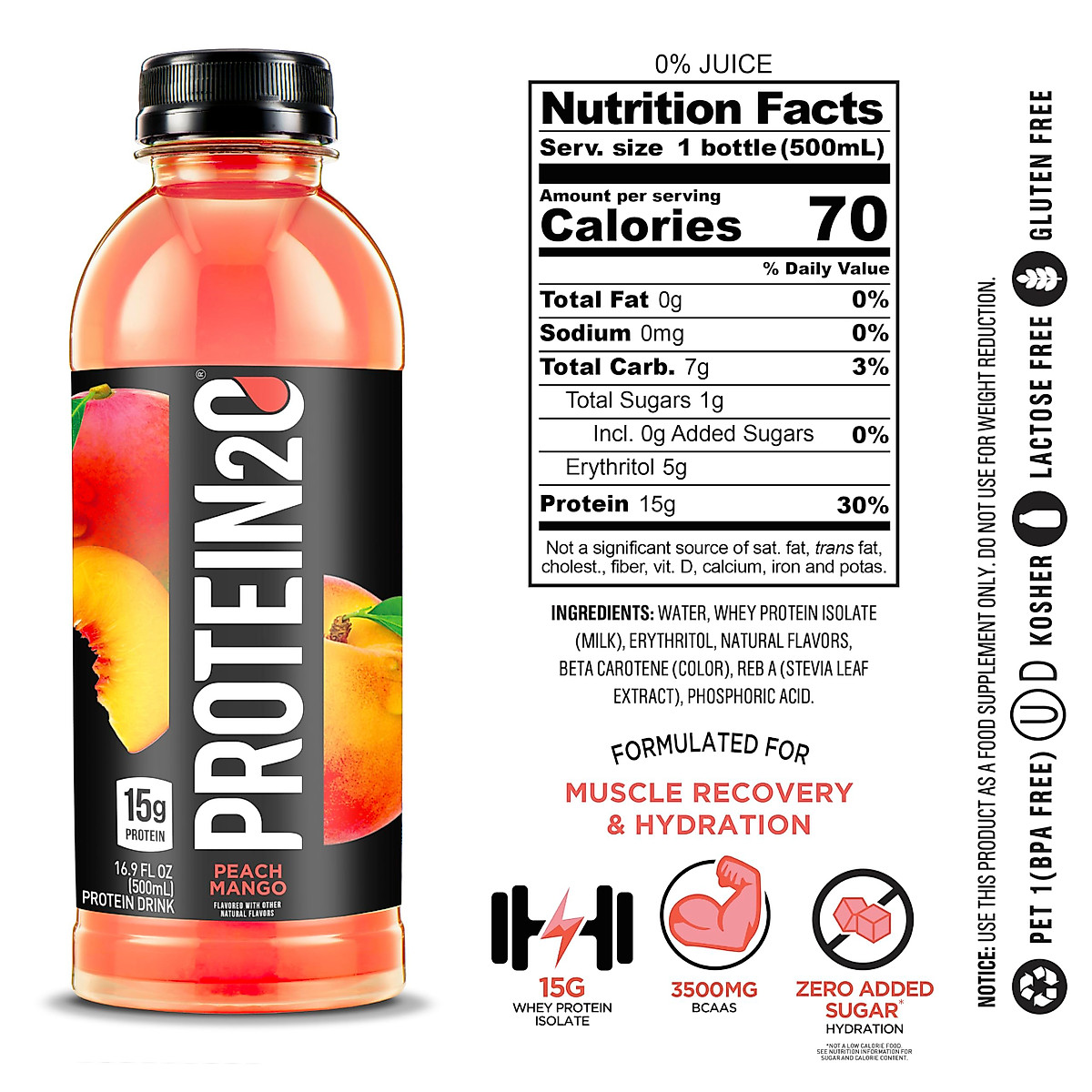 Protein2o 15g Whey Protein Infused Water, Peach Mango, 16.9 Oz Bottle (Pack of 12)