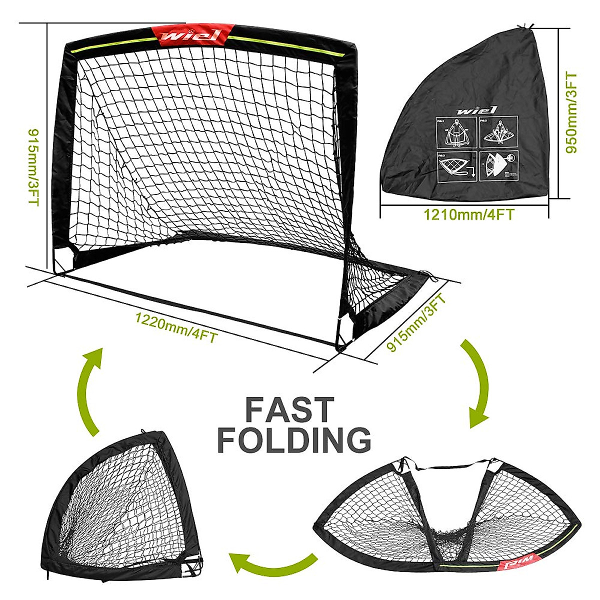 Wiel Soccer Goal, 4Ft x 3Ft Net Easy Fold-Up Training Goals W' Reflective Strips for Playing at Nightfall, Set of 2 for Family Team Kids Backyard Games