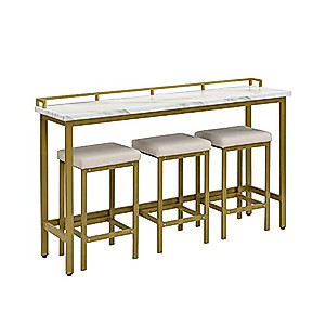 LZ LEISURE ZONE 4-Piece Counter Height Sets, Modern Extra Long Console Dining Table Set, Bar Kitchen Set with 3 PU Stools (Gold+Beige, 4 Pieces)