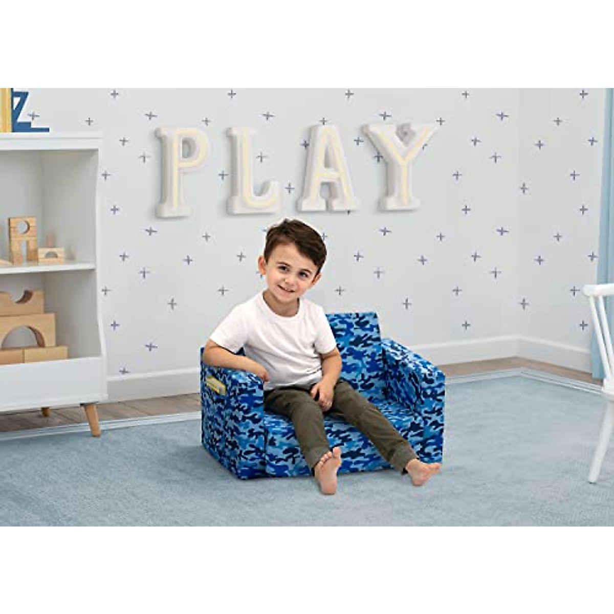 Delta Children Cozee 2-in-1 Convertible Sofa to Lounger - Comfy Flip Open Couch/Sleeper for Kids, Blue Camo