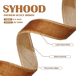 Christmas Wired Velvet Ribbon with Gold Edge Velvet Waterproof Ribbon Wrapping Velvet Decoration Ribbon for Xmas Wreath Bows Floral Craft Ornaments(Khaki,3/8 Inch x 20 Yard)