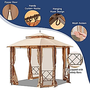 YOLENY 12'x10' Patio Canopy,Gazebo with Mesh Curtains and Safety Bars, Waterproof Double Roof Tops, for Garden, Backyard,Parties, Deck, Khaki