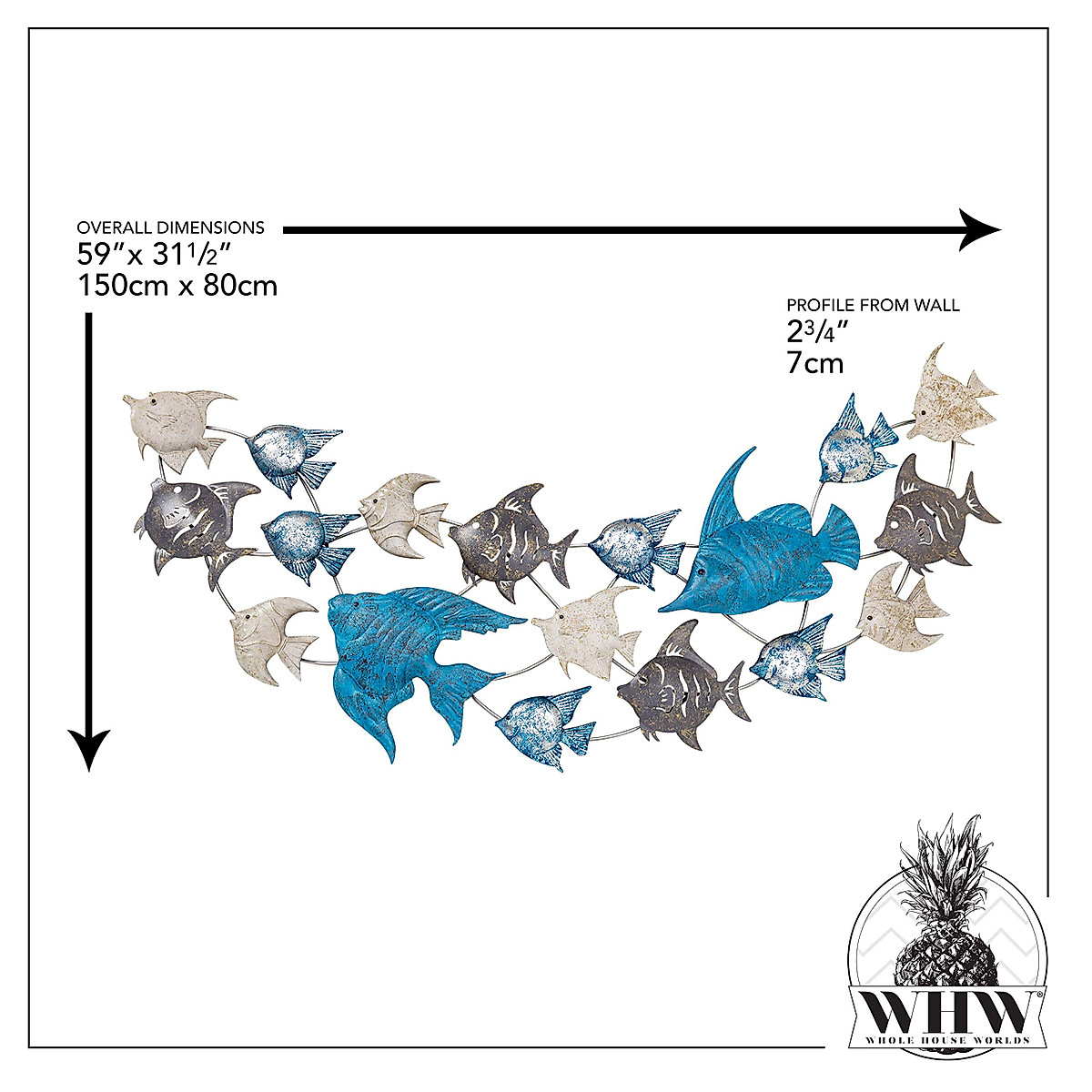 MODERNIST HOME School of 18 Fish Wall Art, Crescent, Vivid Blue with Shimmery Silver, Muted Grey and Beige Paint, Iron, 5 Feet Wide (2.75 L x 59 W x 31.5 H Inches) Home Wall Decor