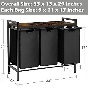 Whoonba Large Laundry Hamper Sorter with 3 Removable & Pull-Out Sorting Bags, Wooden Top Shelf, Versatile Laundry Basket Organizer for Laundry Room, Bathroom, Dorm, 8 * 3 Gal, Black