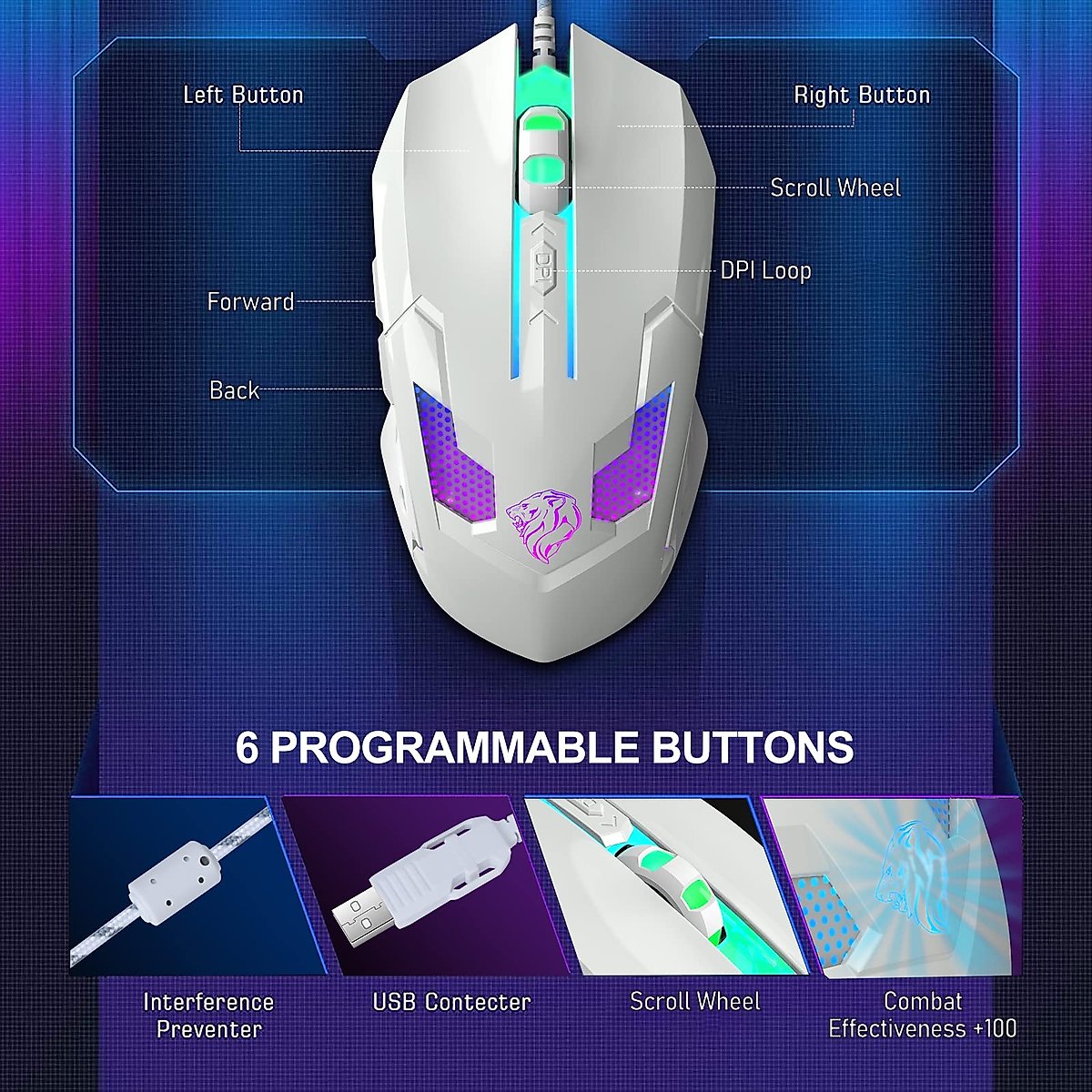 aMZCaSE Wired Mouse, RGB Optical Computer Mouse, USB Corded Mouse with 6 Buttons, 7200 DPI Adjustable Office and Home Wired Gaming Mouse for Laptop Windows PC Desktop Notebook-White
