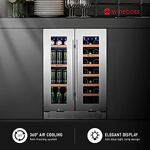 WINEBOSS 24 Inch Wine and Beverage Refrigerator, 20 Bottle & 88 Cans Dual Zone Beverage Fridge, Built-in Cabinet Wine Cooler, Freestanding Drink Chiller with Upgraded Compressor for Commercial Office