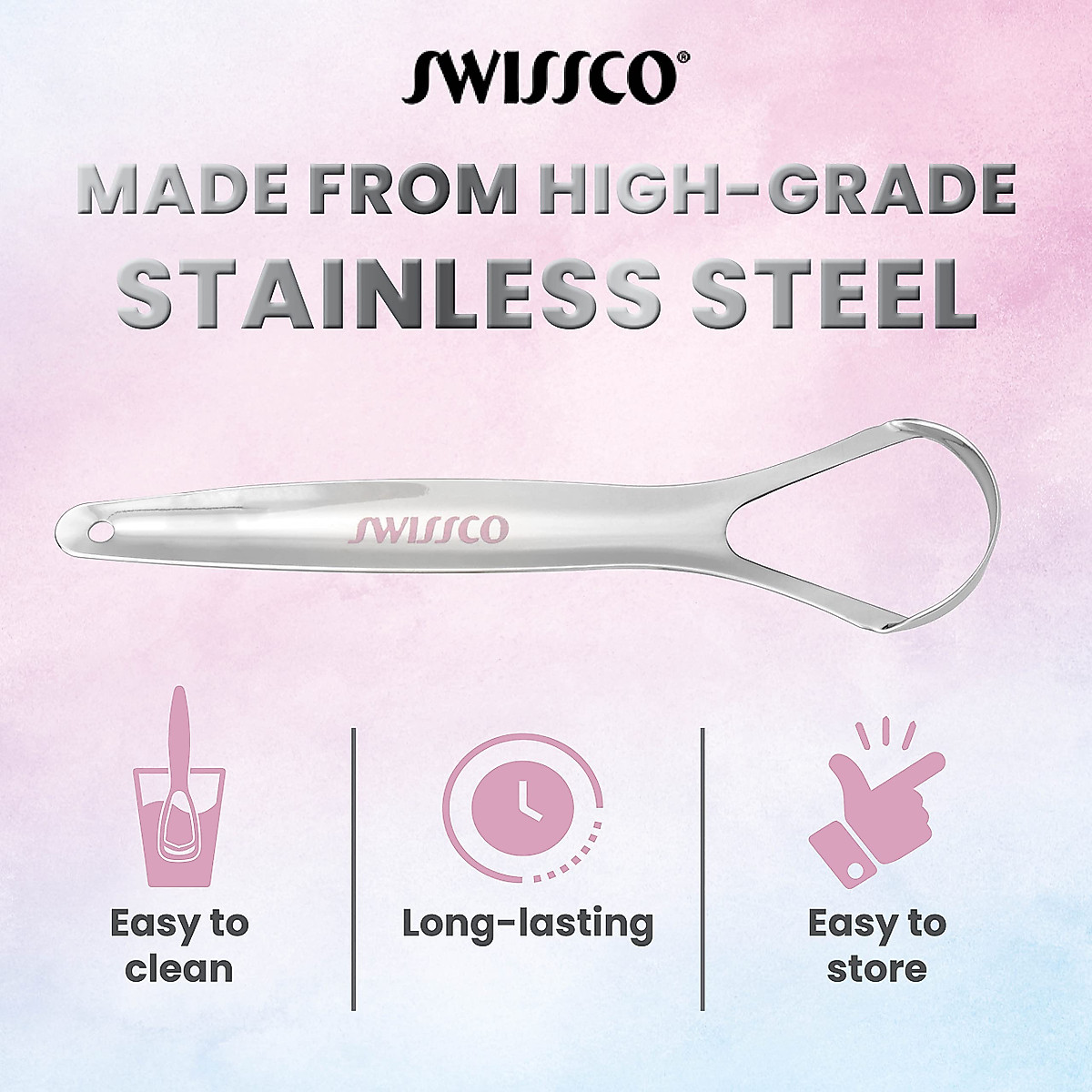 Tongue Scraper by Swissco | Stainless Steel Tongue Cleaner | Reduces Bad Breath, Improves Oral Care | Pack of 2 Tongue Scrapers