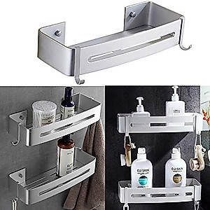 Coolnice 2 Pack Shower Caddy Shelf Organizer Aluminum Rectangle Shower Shelf with 4 Hooks Wall Mount Bathroom Shelf for Bathroom Toilet Kitchen No Need Drilling with Adhesive-Silver