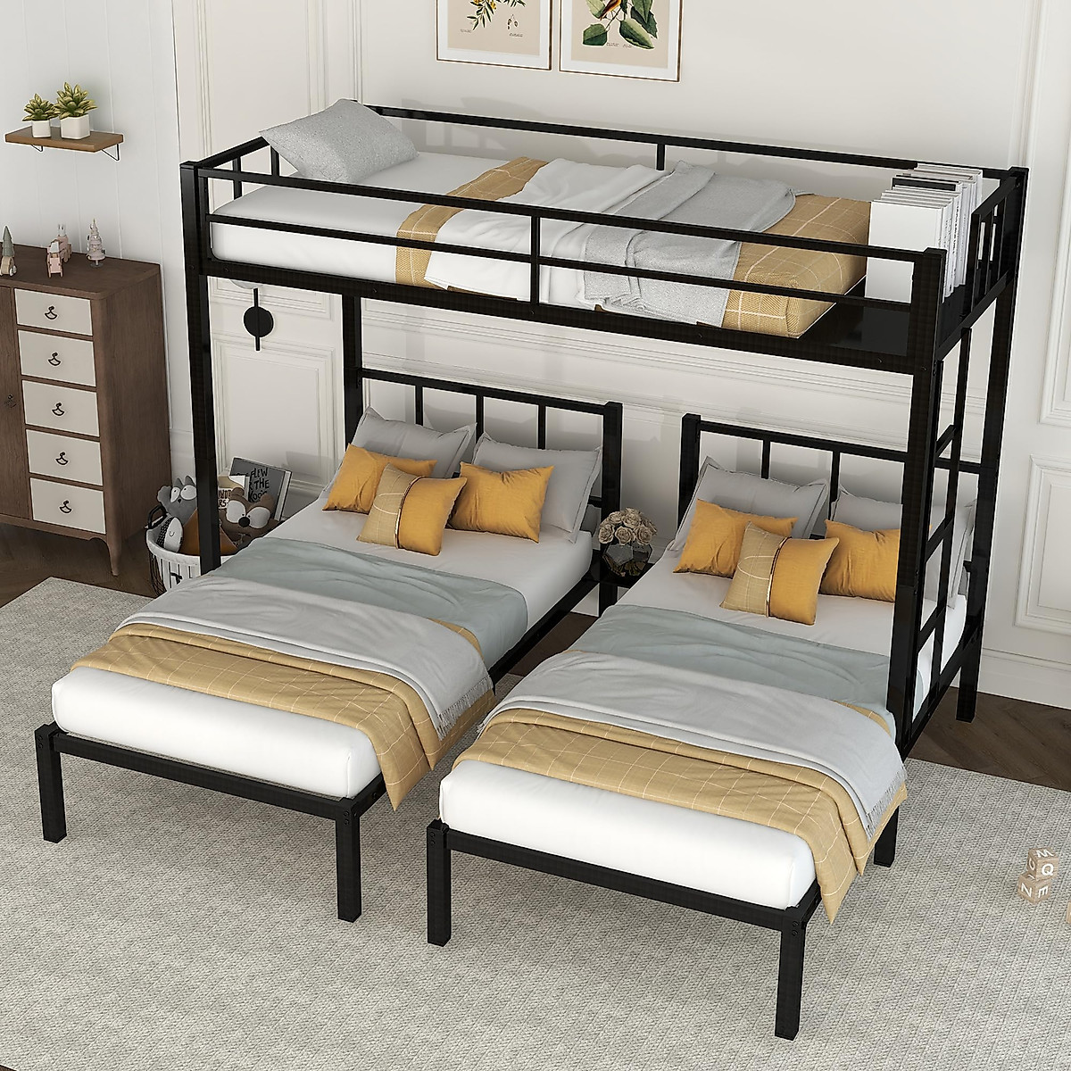 L Shaped Metal Triple Bunk Bed for 3 Kids, Twin over Twin & Twin Bunk Beds with Build in Ladder and Guardrails, Twin over Twin & Twin XL Triple Bunk for Kids, Teens, Adults, Black Triple Bunk Bed