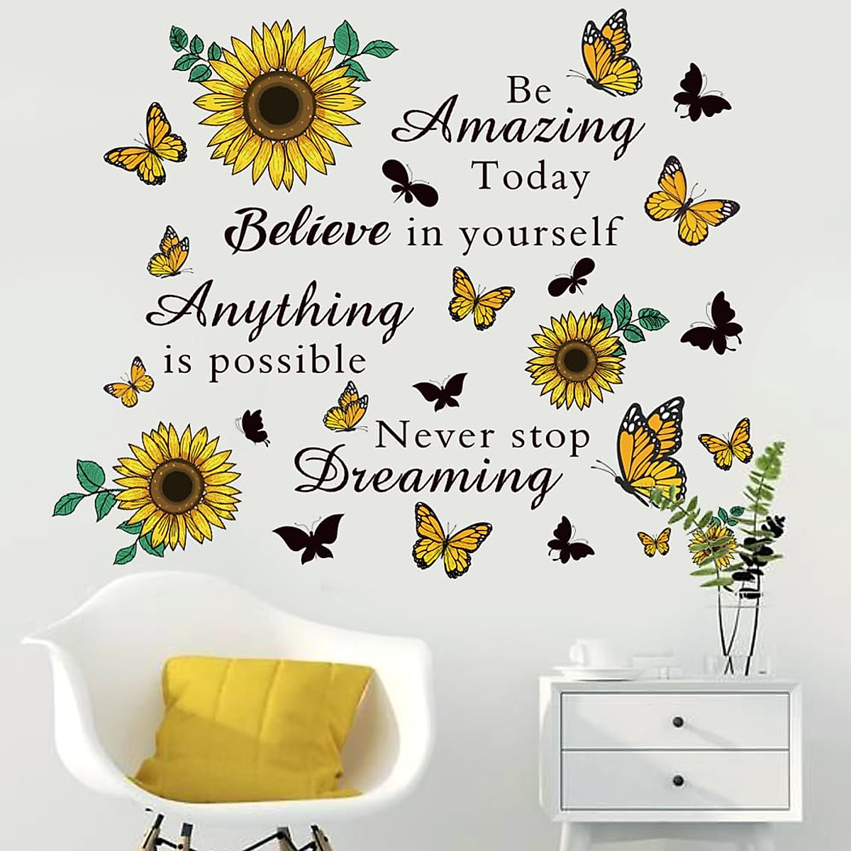 Inspirational Quote Wall Decals Sunflower Wall Stickers Removable Positive Saying Wall Lettering Stickers Peel and Stick for Classroom Home Bedroom Family Office Wall Art Decor