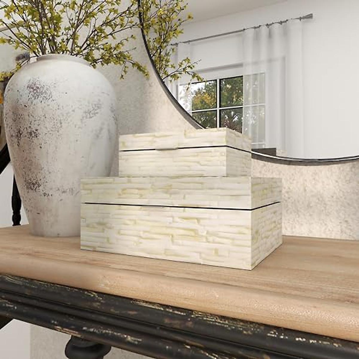 Deco 79 Mother of Pearl Handmade Box with Hinged Lid, Set of 2 12", 8"W, White