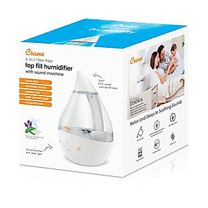 Crane Ultrasonic Humidifiers for Bedroom and Office, 1 Gallon 4-in-1 Cool Mist Air Humidifier for Large Room and Home, Humidifier Filters Optional, Clear & White