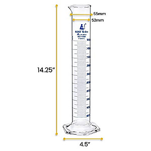 EISCO Graduated Cylinder, 500ml - Class A Tolerance ±2.50ml - Hexagonal Base - Blue Graduations - Borosilicate 3.3 Glass