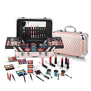 Hot Sugar All In One Makeup Set for Teenager Girls 10-12 Full Makeup Kit for Beginners Includes Eye Shadow Palette Blush Lip Gloss Lipstick Lip Pencil Eye Pencil Brush Mirror (Pink Heart)