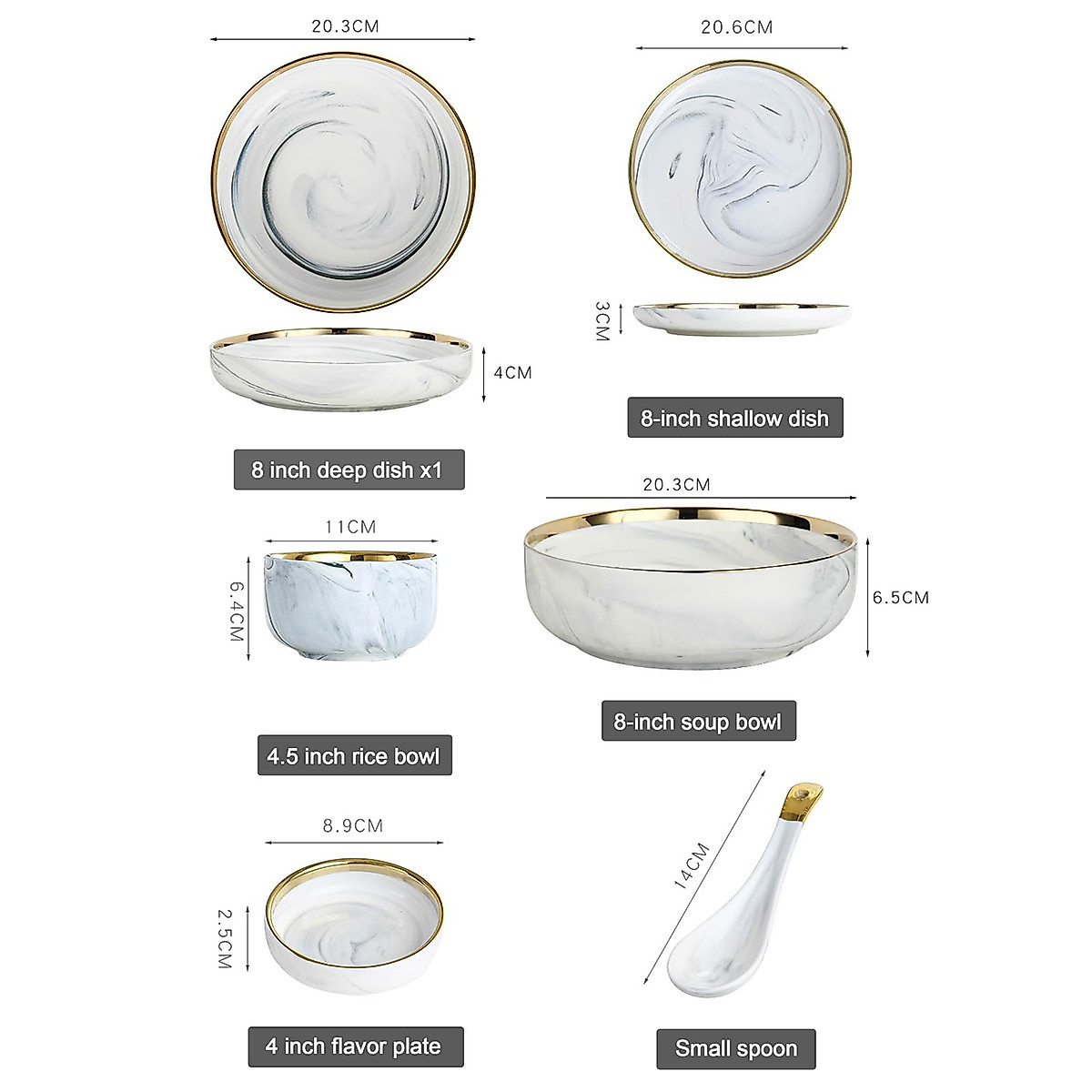 BINTING Steak Dinner Plate Gold Rim Ceramics Dinnerware Set Gold Rim Dinnerware Set European Style Dishes 9-Pieces Sets Gold Edge Marble Pattern Sturdy Tableware