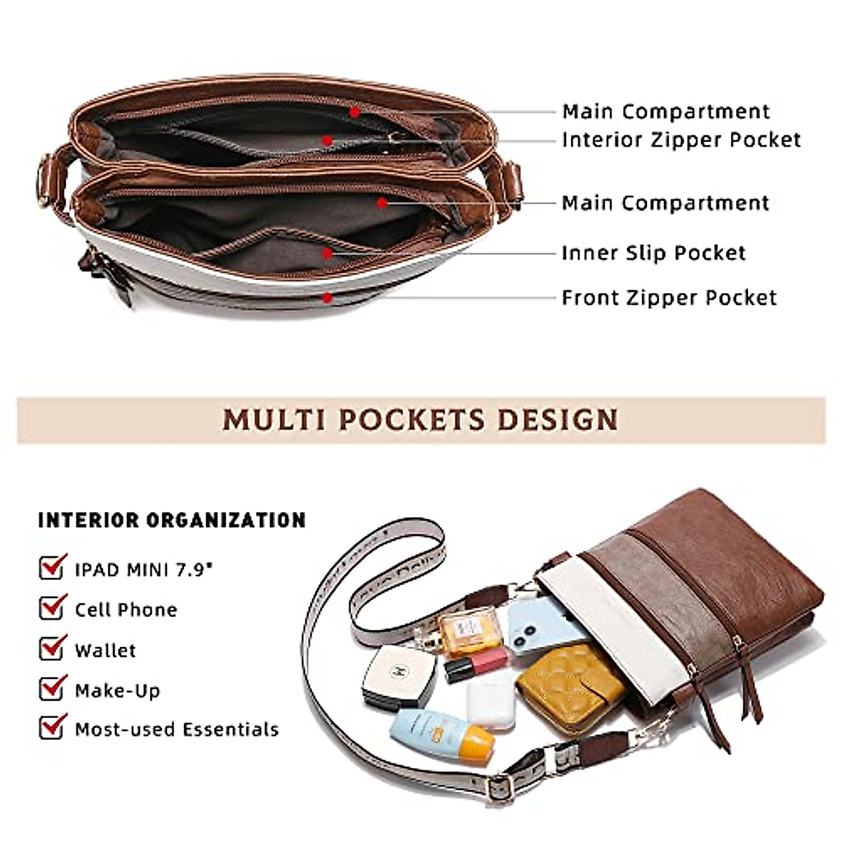 Love Deliver Crossbody Bags for Women Men Soft PU Leather Shoulder Purses Stitch Design Handbags Multi Pocket with Adjustable Strap (Tone-Tone Brown)