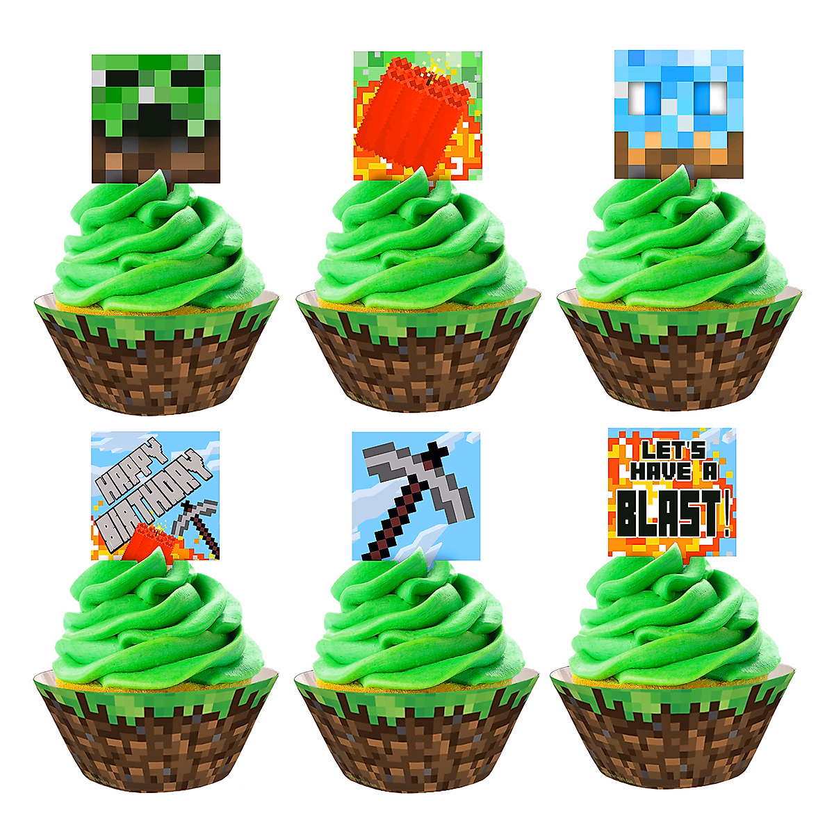 48 pcs Pixel Cupcake Toppers and Wrappers - 24 Cupcake Toppers and 24 Wrappers - Pixel Party Supplies - Pixel Party Decorations - Cupcake