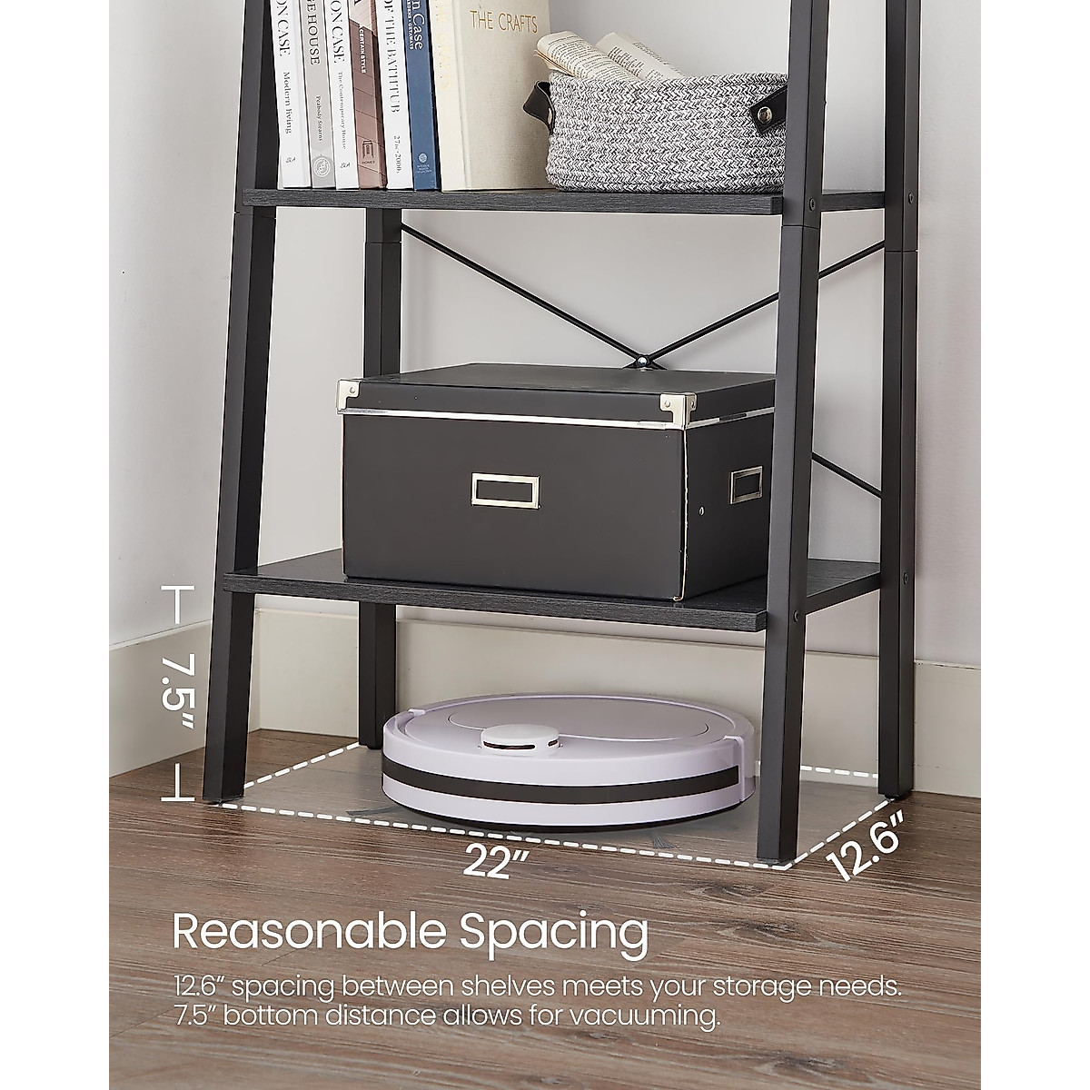 VASAGLE Ladder Shelf, 4-Tier Bookshelf, Storage Rack, Bookcase with Steel Frame, for Living Room, Home Office, Kitchen, Bedroom, Industrial Style, Charcoal Gray and Black ULLS044B04