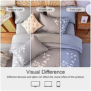 METAHOTS King Size Comforter Set, 7 PCS White Flowers Botanical Printed on Grey Comforter Set with Sheets, Soft Lightweight Microfiber Bedding Set for All Season(104"X90")