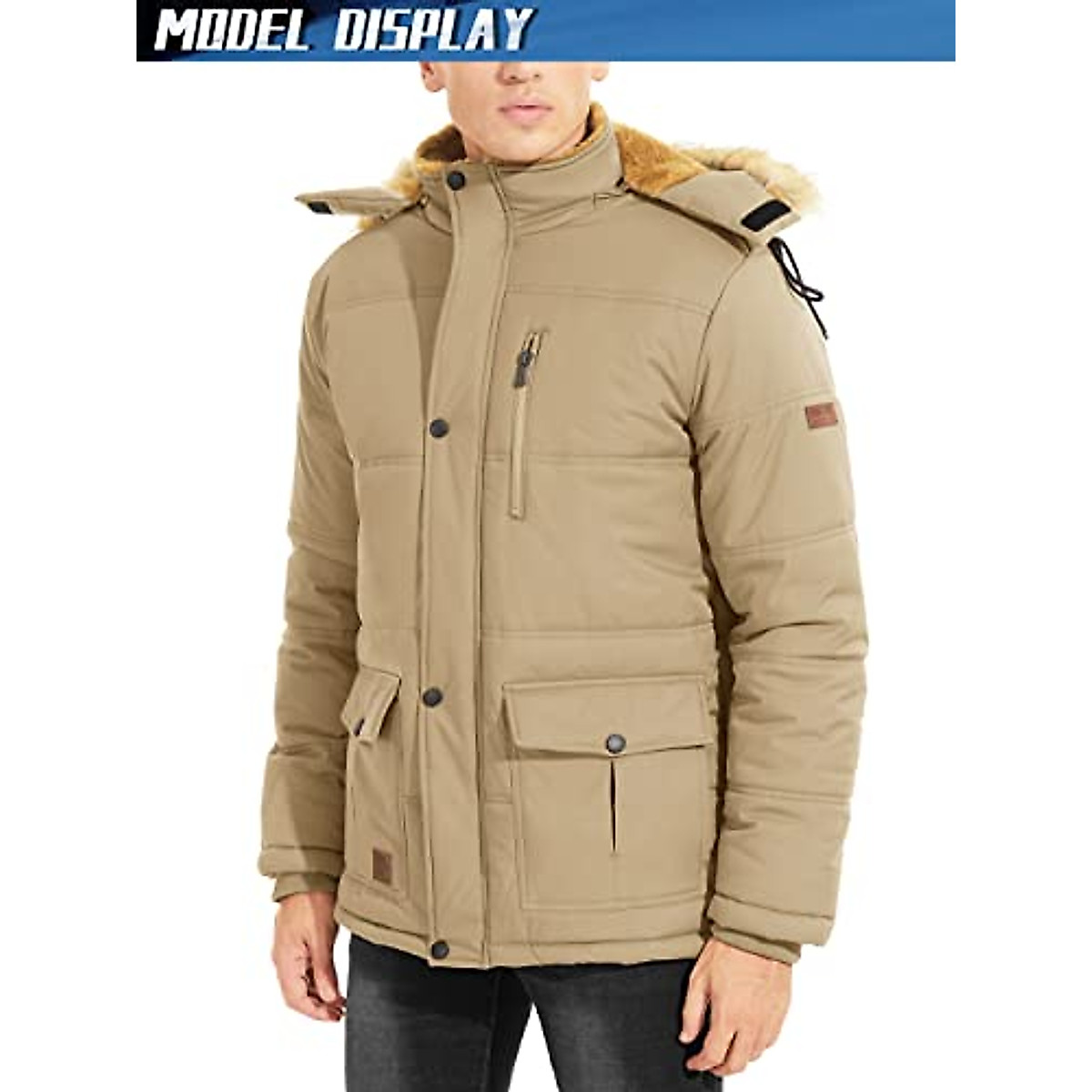 TACVASEN Men's Parka Jacket Winter Warm Fleece Liner Snow Ski Hiking Coats Hooded Khaki, L