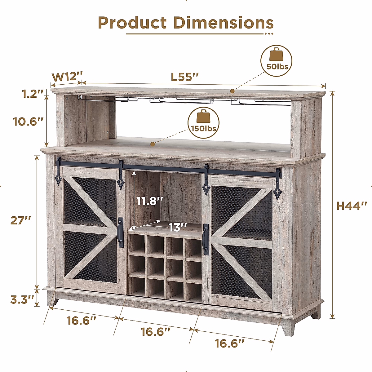 OKD Farmhouse Coffee Bar Cabinet with LED Lights, 55" Wine Bar w/Sliding Barn Door & Wine and Glass Rack, Kitchen Buffet Cabinet w/Storage Shelves for Dining Room,Light Rustic Oak