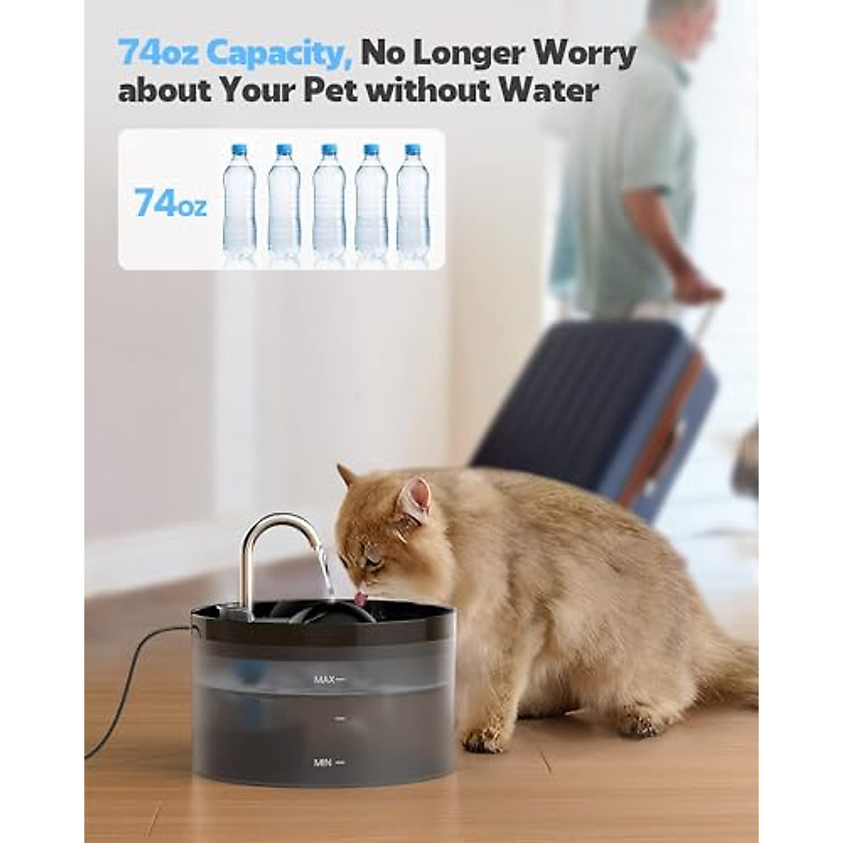 UIOOQ Cat Water Fountain, Pet Waterer Fountain with Ultra Silent Pump, Activated Carbon Filter Keep Water Fresh, 2.2L Capacity, Faucet Design, Anti Sputtering, Suit for All Kinds of Cat