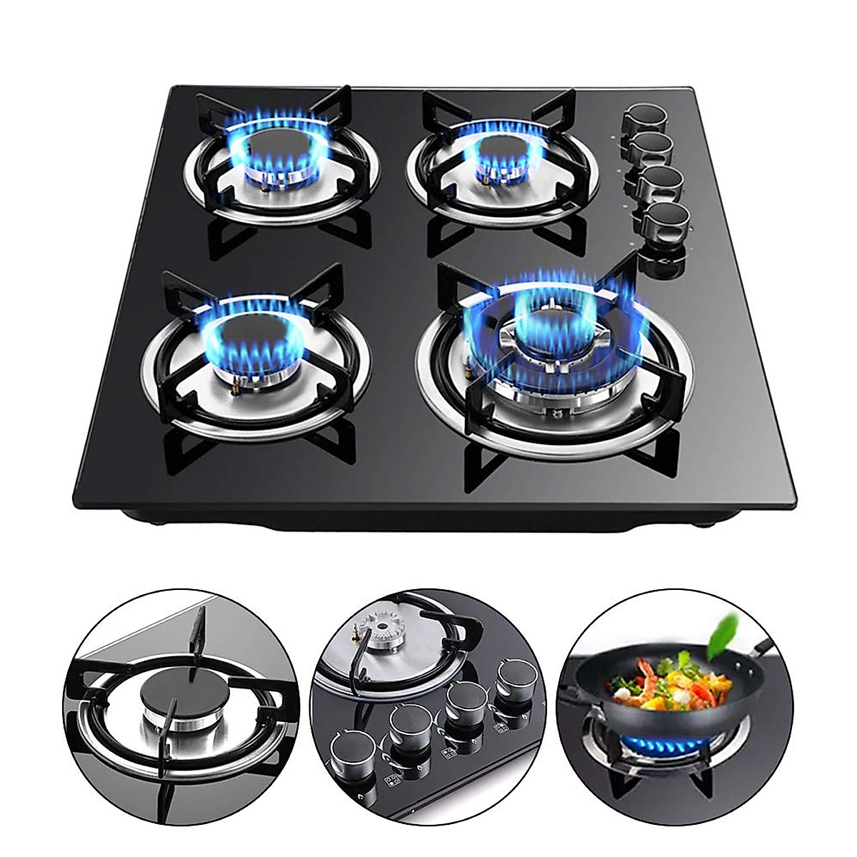 23.3 inches Built in Gas Cooktop 4 Burners Gas Stove Glass Cooktop Tempered Gas Hob With Liquid Propane Conversion Kit Stove Burner Cast Iron Grate Stove-Top LPG/NG Dual Fuel Thermocouple Protection