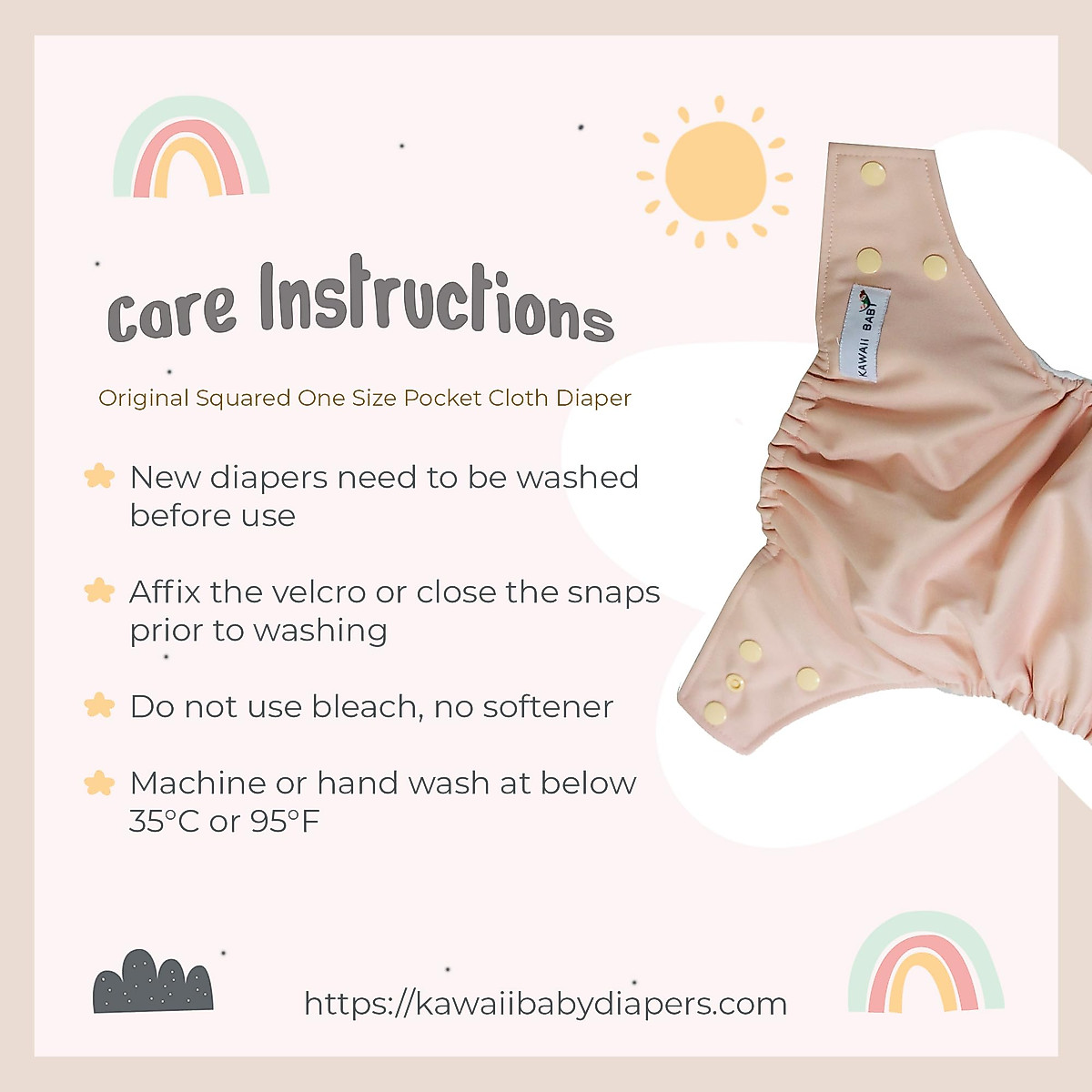 KaWaii Baby One Size Printed Snap Cloth Diaper, Leakproof Washable Reusable Newborn to Toddler Unisex Pack of 20