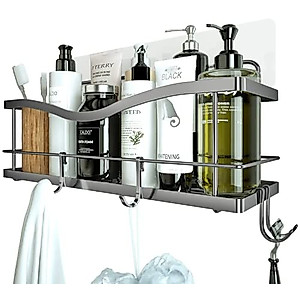 KINCMAX Shower Caddy, Rustproof SUS304 Stainless Steel, Adhesive Wall Mount Drill-Free Baskets with Hooks (Polished Silver)