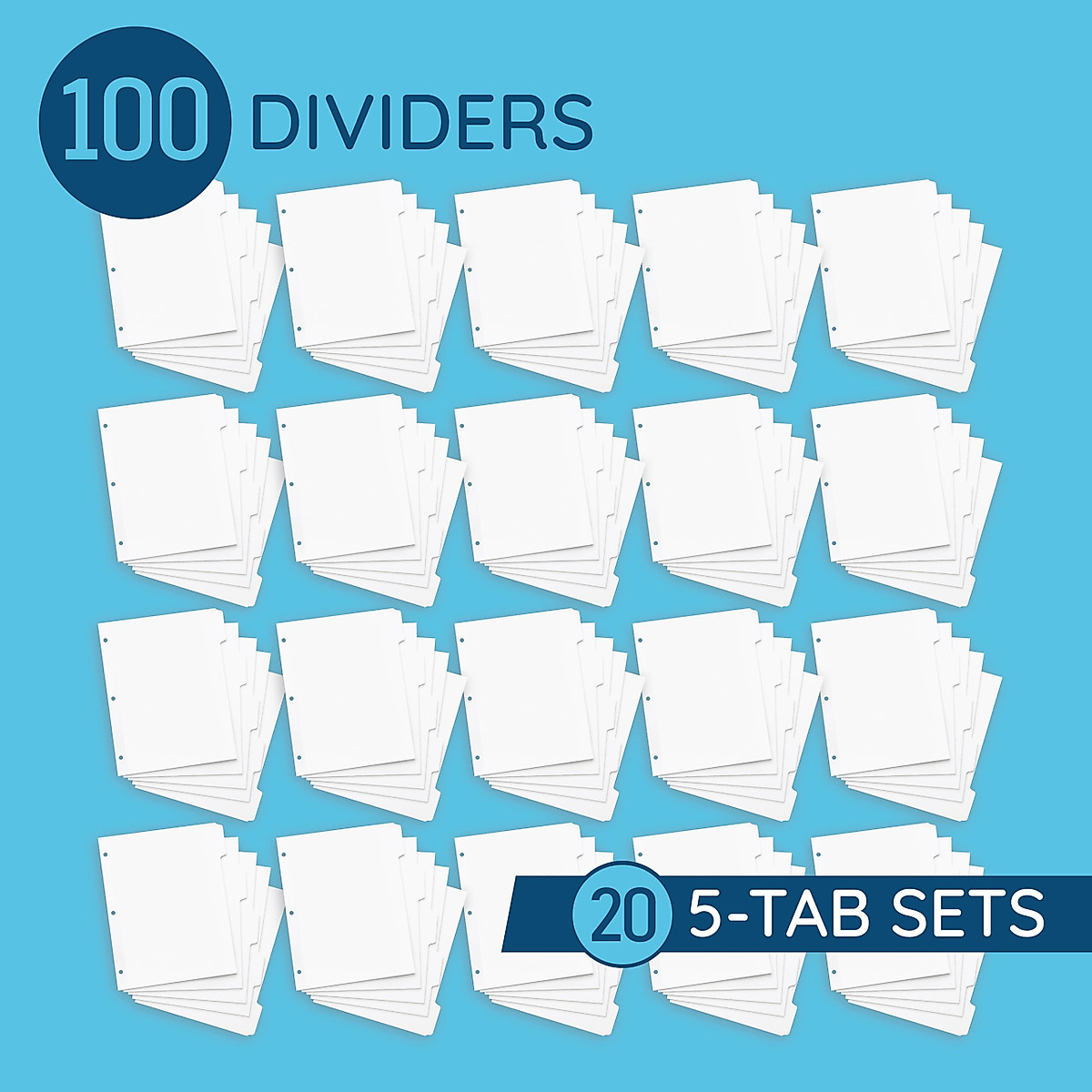 Blue Summit Supplies 3 Ring Binder Dividers with Reinforced Edge, 1/5 Cut Tabs, Letter Size, 3 Hole Punch Section Index Dividers for Binders, White, 100 Page Divider Pack