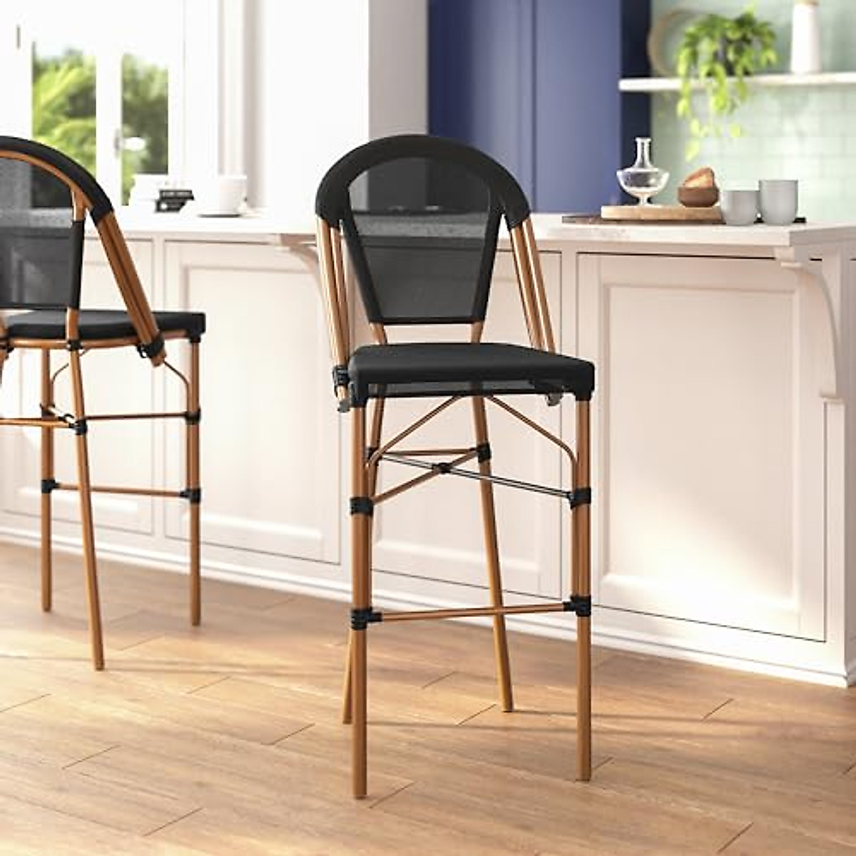 Flash Furniture Marseille Indoor/Outdoor Commercial Bistro Stacking Bar Stool - Black Textilene Back and Seat - Natural Bamboo Print Metal Frame, 2 Pack