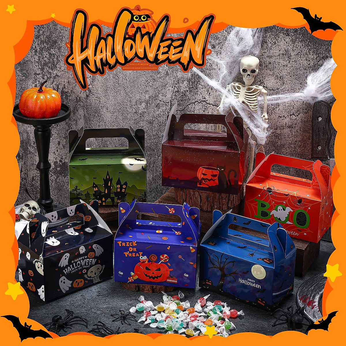 Zhanmai 36 Pack Halloween Treat Box Halloween Goodie Boxes Trick or Treat Boxes Halloween Boxes Container Halloween Cookie Cupcake Snack Box with Handle Party Favor Box