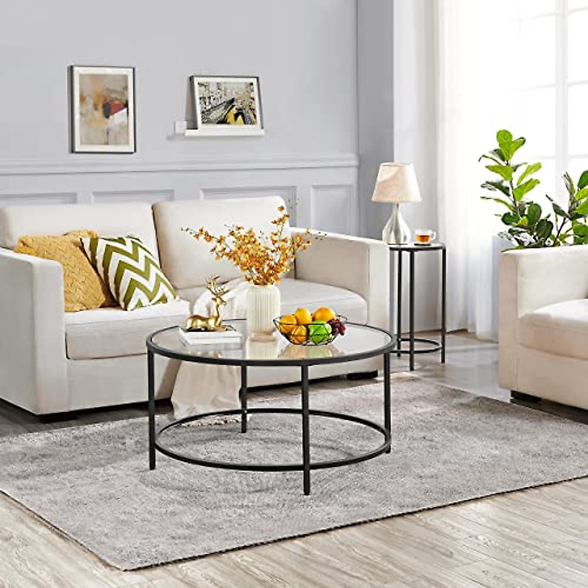 Yaheetech 36in Modern Coffee Table,Black Round Tempered Glass Coffee Tables w/Protective Foot Pads,Metal Structure & Reinforced Frame for Living Room,Dining Room,Apartment,Small Space