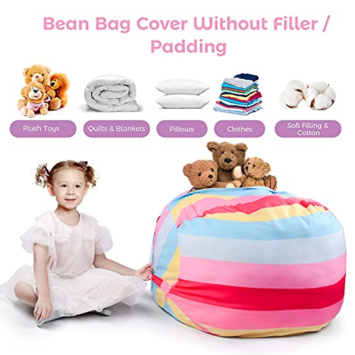 KABOER Bean Bag Cover for Kids,200L Stuffed Animal Storage Bean Bag Chair Cover |Stuffable Zipper Beanbag for Organizing Children Soft Plush Toys (32x29inch)