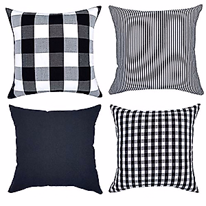 YOUR SMILE Farmhouse Buffalo Plaid Throw Pillow Covers 18x18 Inch Set of 4, Throw Cushion Case Holiday Decor Cotton Canvas for Sofa(Pure Color, Checkers Plaid, Stripe, Lattice) (18'' x 18'', Black)