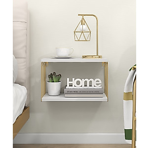 Sivapleso Floating Nightstand, White and Gold Small Wall Mounted Night Stands Modern Minimalism Hanging Bedside Table