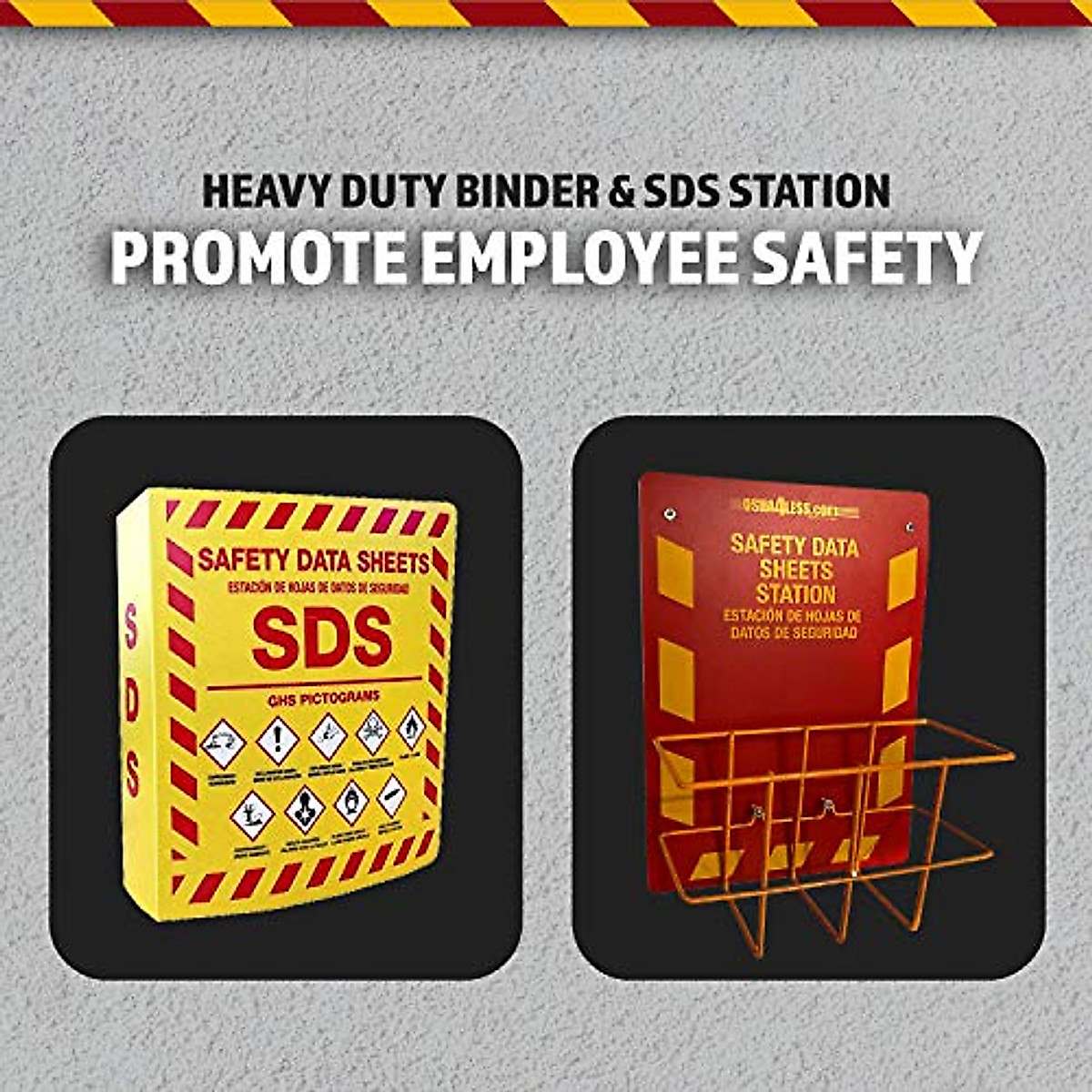 SDS Display Rack and Binder Set -Includes Bilingual Heavy Duty 3-Ring Binder with 3 Inch Capacity Holds Over 700 Sheets, Metal Wire Rack, Highly Visible Wall Mount Station, Detachable Chain and Hook, Mounting Hardware with Instructions