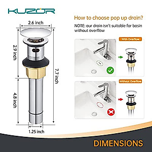 KUZOR 2 PCS Bathroom Sink Drain Assembly Pop Up Drain with Overflow Stainless Steel Chrome for Vessel Vanity with Detachable Built-in Anti-Clogging Strainer