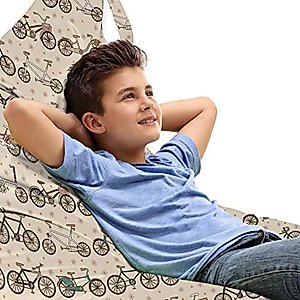 Ambesonne Bicycle Lounger Chair Bag, Retro Pattern with Different Bicycles Floral Details and Dots Fun Ride Urban Living, High Capacity Storage with Handle Container, Lounger Size, Multicolor