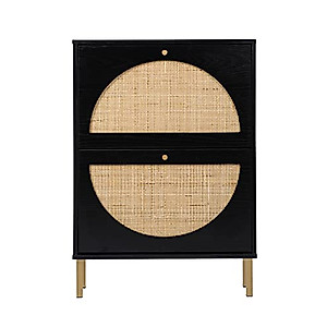 HomVent Rattan Shoe Cabinet with 2 Flip Drawers, Freestanding Rattan Shoe Organizer Hidden Shoe Storage Cabinet, Rustic Wood Entryway Shoe Rack for Entryway, Living Room (2 Drawers, Black)