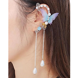SXNK7 Elf Ear Cuffs Clip on Earrings Butterfly Flower Tassel Filigree Elven Cosplay Fairy Ear Wrap Cuffs Earrings for Women Wedding Jewelry