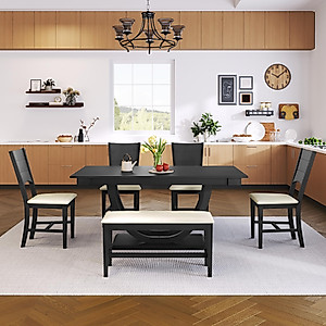 6 Pieces Wood Dining Table Set with Bench, Kitchen Table Set with Half Round Legs, Long Bench and 4 Dining Chairs, Modern Style Dining Room Set for 6 Persons, Gray+Beige