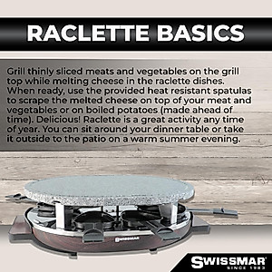 Swissmar 8-Person Raclette Party Grill with Granite Stone Top & Faux Wood Base - Electric Indoor Grill for Versatile Cooking - Includes Raclette Dishes & Spatulas, Ideal for Entertaining & Gifting