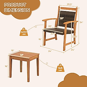HAPPYGRILL 3 Pieces Rattan Wood Bistro Set, Patio Wicker Chairs Set with Acacia Wood Side Table, Outdoor Sofa Furniture Set for Yard Garden Porch Poolside