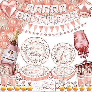 229 Pack Rose Gold & White Party Supplies Rose Gold Birthday Party Decorations Happy Birthday Dinnerware Set Rose Gold Paper Plates, Balloons, Tableclothes, Banner, Garland, Napkin, Cups Serves 20
