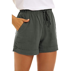 KINGFEN Shorts for Women Casual Summer Women Linen Pocketed Shorts Womens Shorts for Summer Woman Pull On Shorts Drawstring Elastic Waist Solid Loose Shorts Pants Outerwear Sage Green Small