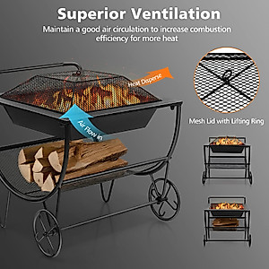 Tangkula Outdoor Fire Pit with Wheels and Firewood Log Rack, Patio Wood Burning Bonfire Pit with Storage Rack, Spark Screen, Portable Rolling Fire Pit Stove for Outside, Camping & Picnic